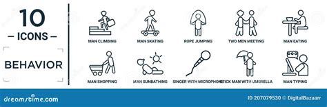 Behavior Linear Icon Set Includes Thin Line Stick Man Jumping Old Man Walking Man Working At