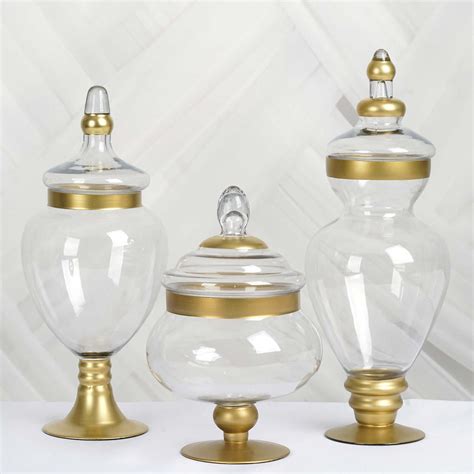 Set Of 3 Gold Trimmed Glass Apothecary Candy Jars With Lids 101416