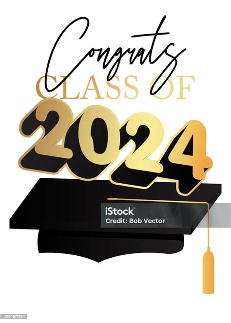 2024 년 졸업 디자인 서식 파일의 흑백과 금색 클래스입니다 빈티지 파티 초대장 축하 이벤트 인사말 카드 벡터 고등학교 또는