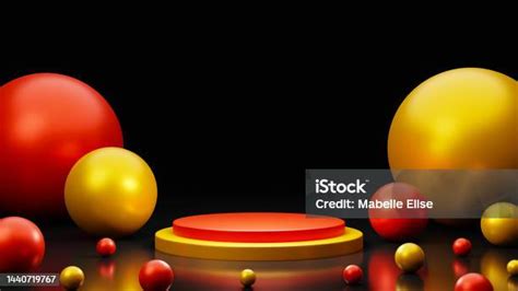 크리스마스 금과 빨간 공 연단 둥근 받침대 연단 추상 렌더링 3d 모양입니다 제품 전시를 위한 까만 배경 장면 단계 진열장 0명에 대한 스톡 벡터 아트 및 기타 이미지