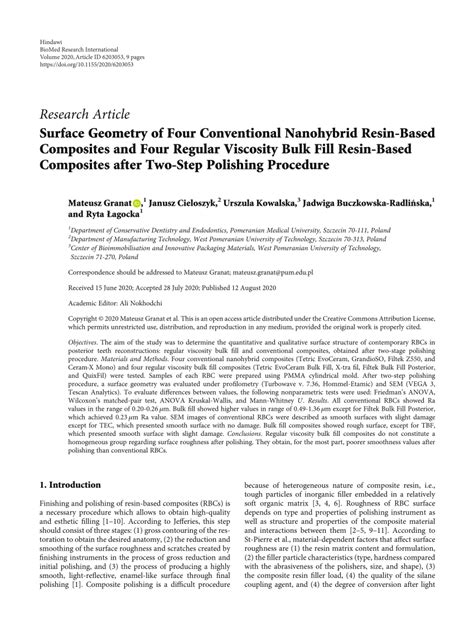 Pdf Surface Geometry Of Four Conventional Nanohybrid Resin Based Composites And Four Regular