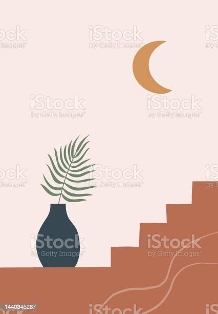 계단 꽃병 나뭇잎 달이 있는 평면 스타일의 유기적인 미니멀리즘 풍경 미드 센추리 모던 스타일의 벽 예술에 딱 맞습니다 0명에 대한 스톡 벡터 아트 및 기타 이미지 Istock