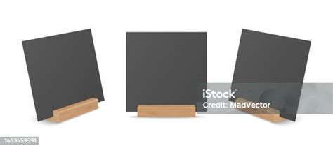 벡터 3d 현실적인 검은 사각형 빈 빈 종이 시트 나무 홀더에 카드 스탠드 아이콘 세트 근접 촬영 모형 메뉴 프레임 소책자에