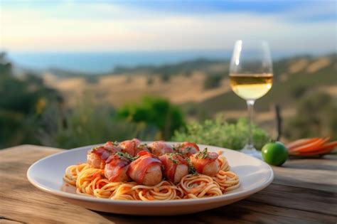 Premium Photo Lunch In Outdoor Area With Bacon Wrapped Scallops Pasta