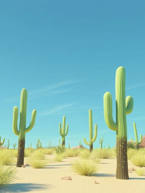A 3d Cartoon Style Animated Desert Scene With A Cactus And A Clear Blue