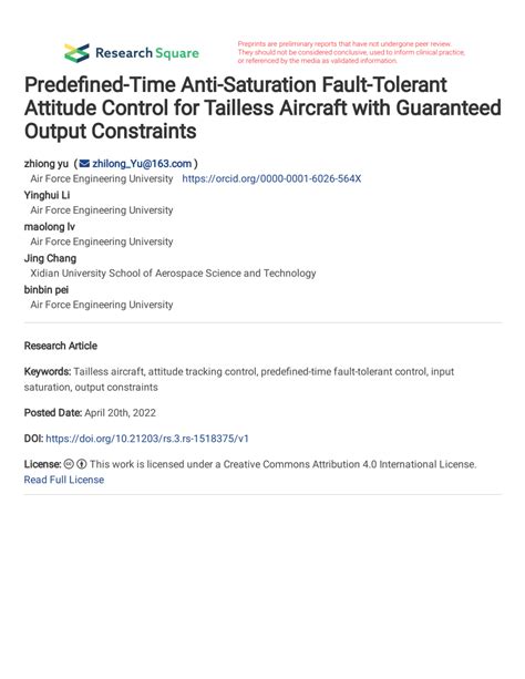 Pdf Predefined Time Anti Saturation Fault Tolerant Attitude Control For Tailless Aircraft With