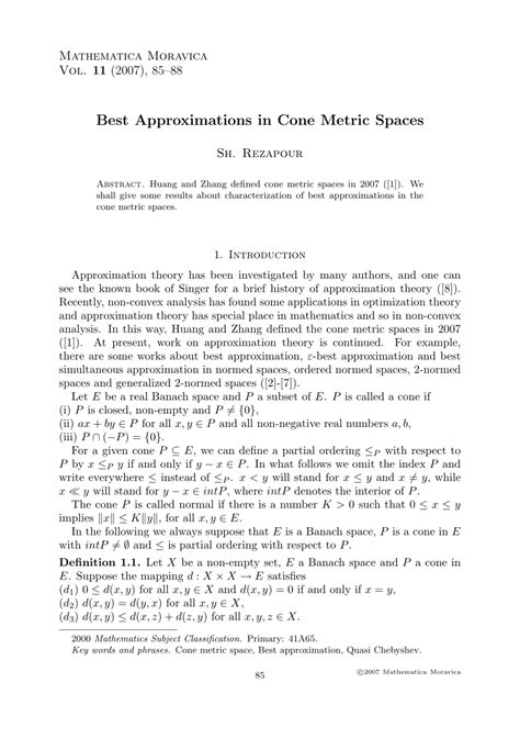 Pdf Best Approximations In Cone Metric Spaces