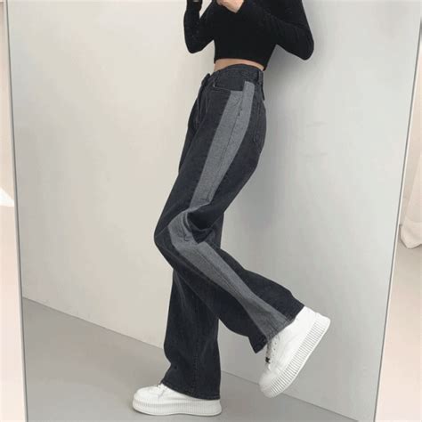 흔하지않은진심예뻐요 흑청 그레이 배색 라인 롱와이드 데님팬츠 에이블리