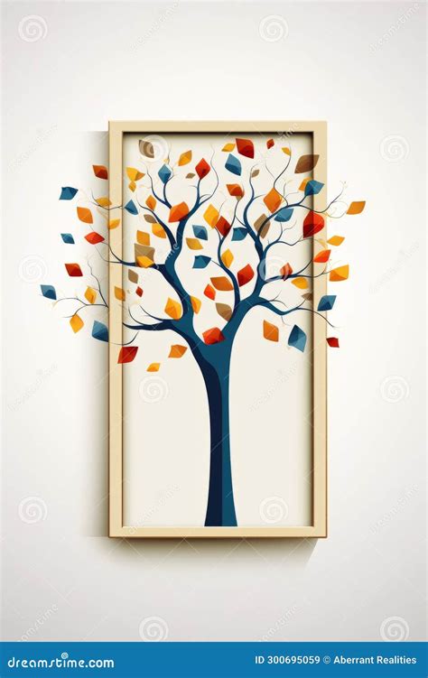 An Illustration Of A Tree With Colorful Leaves In A Wooden Frame Stock Illustration