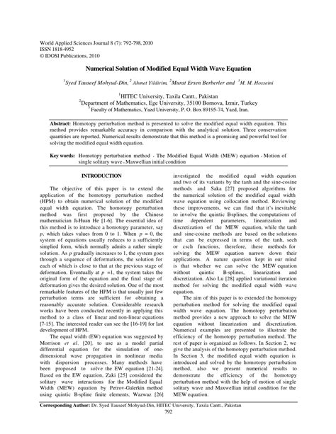 Pdf Numerical Solution Of Modified Equal Width Wave Equation