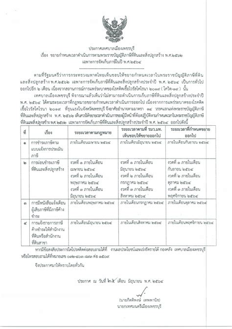 ประกาศเทศบาลเมืองเพชรบุรี เรื่อง ขยายกำหนดเวลาดำเนินการตามพระราชบัญญัติภาษีที่ดินและสิ่งปลูก