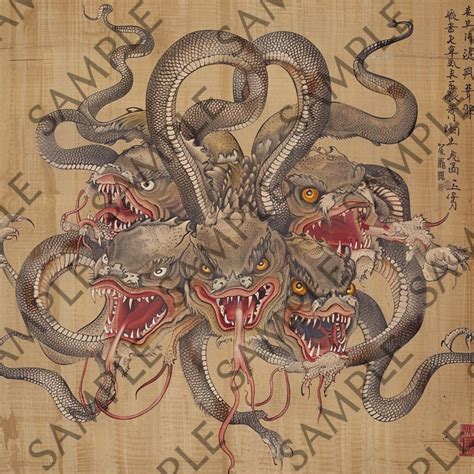 Yokai Eight Headed Japanese Monster Eight Tailed Serpent Digital Download Photo Ai Art Print