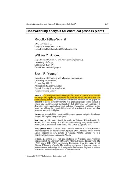 Controllability Analysis For Chemical Process Plants Pdf Matrix