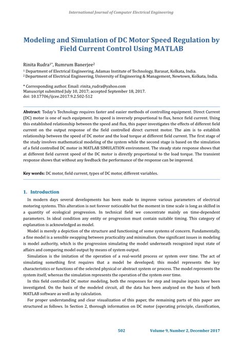 Pdf Modeling And Simulation Of Dc Motor Speed Regulation By Field
