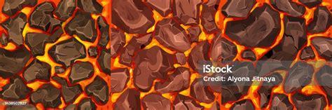 용암 만화 스타일의 매끄러운 패턴 배경에 돌이있는 마그마 분출 효과 풍경 질감 디자인 벡터 일러스트 레이 션 0명에 대한 스톡 벡터 아트 및 기타 이미지 Istock