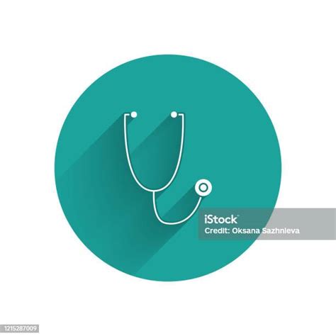 긴 그림자로 분리 된 흰색 청진기 의료 기기 아이콘 녹색 원 버튼입니다 벡터 일러스트레이션 간호사에 대한 스톡 벡터 아트 및 기타 이미지 Istock