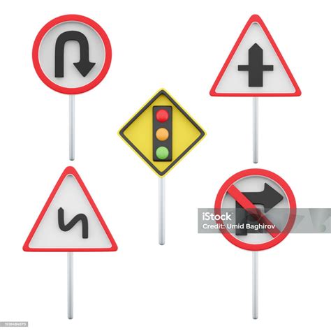 3d 렌더링 U 턴 보조 도로와의 교차로 신호등 규제 위험한 회전 우회전 금지 도로 표지판 아이콘 세트 3d 렌더링 도로 표지판 개념 아이콘 세트 3차원 형태에 대한 스톡