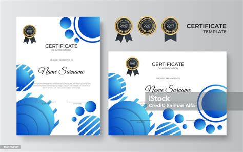 현대적인 우아한 블루와 골드 졸업장 인증서 템플릿 디자인 고급 배지와 현대적인 라인 패턴과 업적 국경 템플릿의 파란색과 금 인증서 수상 비즈니스 및 교육용 0명에 대한 스톡