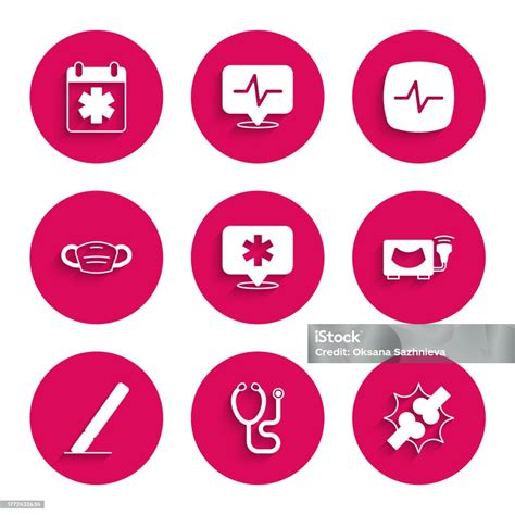 위치 병원 청진기 관절통 무릎 통증 초음파 수술 메스 의료용 보호 마스크 심박수 및 의사 예약 아이콘을 설정합니다 벡터 X 레이에 대한 스톡 벡터 아트 및 기타 이미지