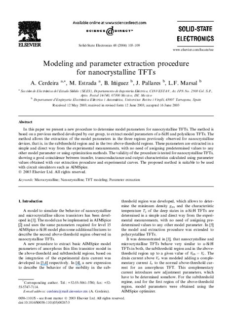 Pdf Modeling And Parameter Extraction Procedure For Nanocrystalline Tfts