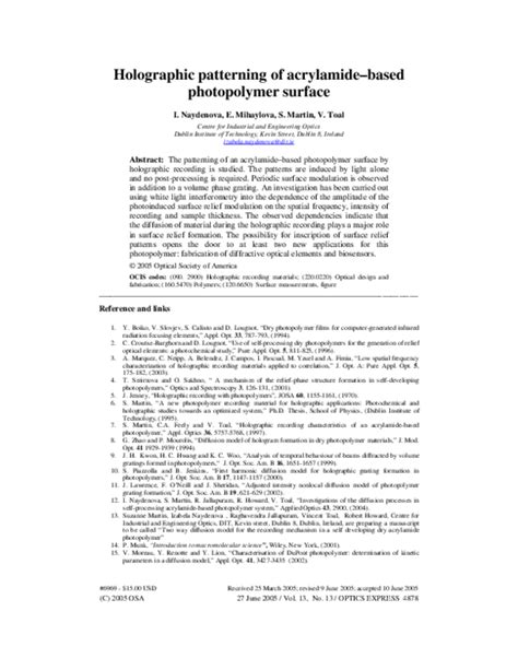 Pdf Holographic Patterning Of Acrylamide Based Photopolymer Surface
