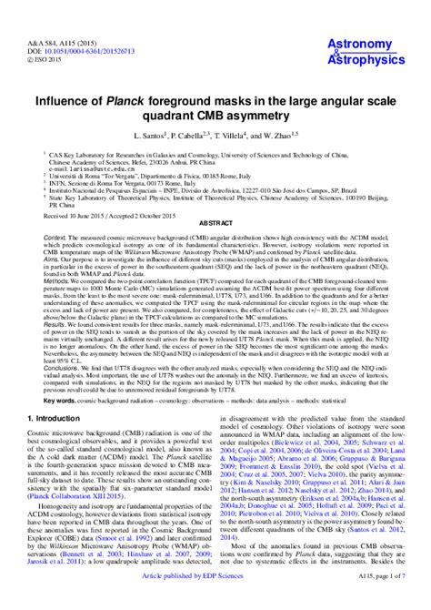 Pdf Influence Ofplanckforeground Masks In The Large Angular Scale Quadrant Cmb Asymmetry