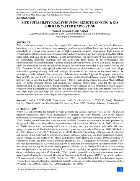 Pdf Site Suitability Analysis Using Remote Sensing And Gis For Rain Water Harvesting