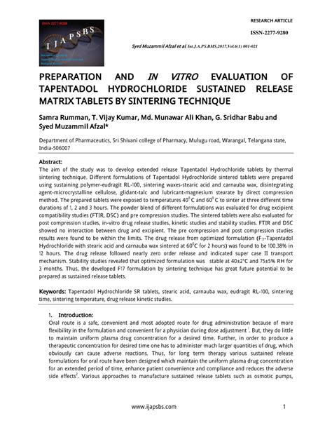 Pdf Preparation And In Vitro Evaluation Of Tapentadol Hydrochloride Sustained Release Matrix