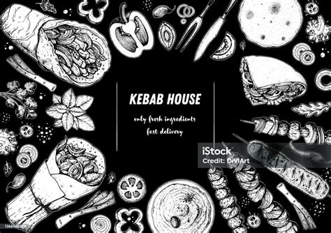 도너 케밥과 케밥 스케치 일러스트에 대한 재료 아랍 요리 프레임 패스트 푸드 메뉴 디자인 요소 샤와르마 핸드 그린 프레임 중동 음식 건강에 좋지 않은 음식에 대한 스톡 벡터
