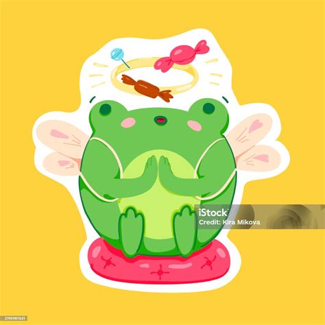 날개를 가진 귀여운 만화 개구리는 베개에 앉아있는 과자에 대한 꿈을 꿉니다 키즈 스티커 포스터 손으로 그린 낙서 문자입니다 고립 된 노란색 배경에 벡터 그림 0명에 대한