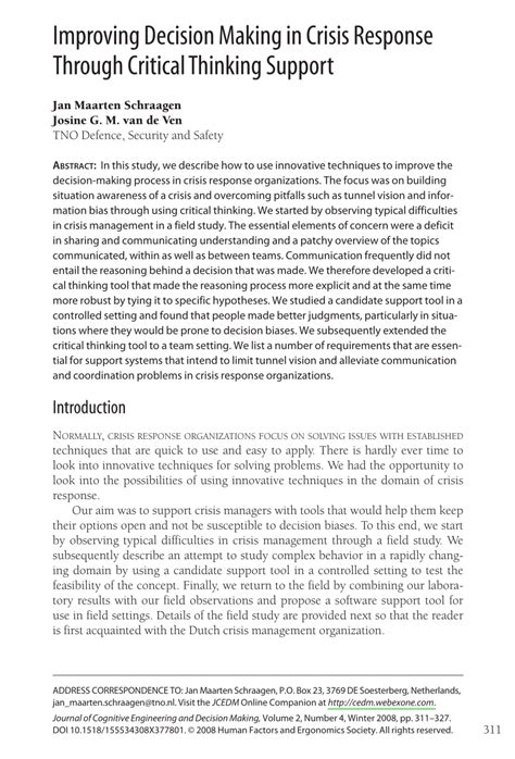 Pdf Improving Decision Making In Crisis Response Through Critical Thinking Support