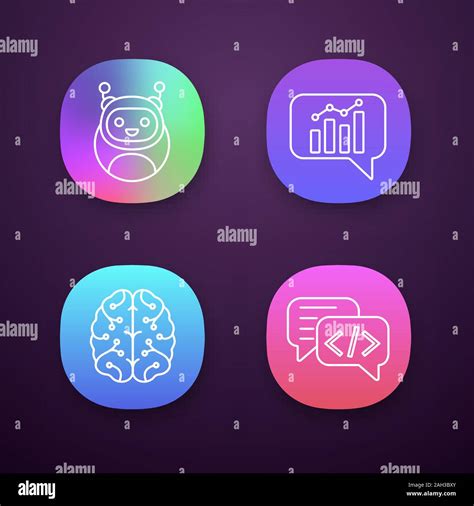 chatbots app icons set ui ux user interface virtual assistants code statistics support chat
