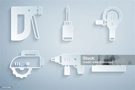 전기 드릴 머신 앵글 그라인더 원형 톱 목재 평면 도구 스크루 드라이버 및 건설 스테이플러 아이콘을 설정합니다 벡터 3차원