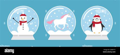 Vector Flat Cartoon Set Bundle Of Three Snowballs With Unicorn Snowman