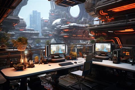 Premium Ai Image Futuristic Computer Gaming Setup Pc High Configuration With Monitors