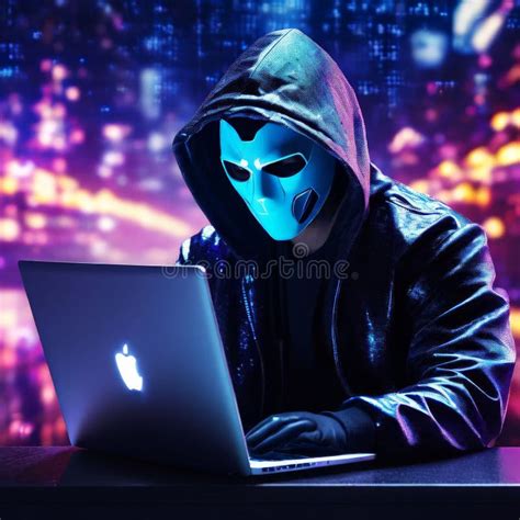 Hacker In Mask And Hood With Laptop Cyber Attack Concept Stock Image Image Of Criminal