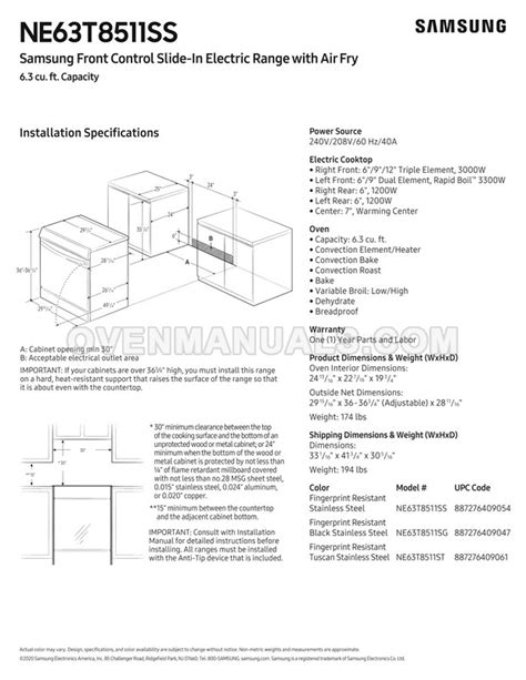 Samsung Ne T Ss Smartthings Range Features And Installation Specifications