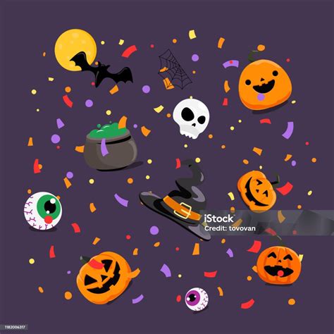 할로윈 인사말 카드 개념입니다 플라잉 페이퍼 색종이 및 휴일 액세서리 가을에 대한 스톡 벡터 아트 및 기타 이미지 가을