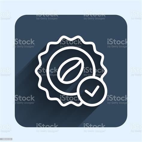 긴 그림자 배경으로 분리된 커피 아이콘에 대한 흰색 선 메달입니다 프리미엄 품질의 커피 배지 파란색 사각형 버튼입니다 벡터 1위에 대한 스톡 벡터 아트 및 기타 이미지