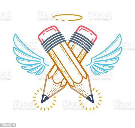 날개와 님버스 디자이너 또는 스튜디오 창조적 인 정신 천사 디자인 선형 스타일에 대한 벡터 간단한 트렌디 한 로고 또는 아이콘과 두 교차 연필 개념에 대한 스톡 벡터 아트