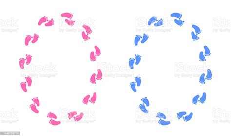 소년과 소녀 발자국이 있는 타원형 프레임 베이비 샤워 성별 공개 임신 또는 신생아 환영 파티 초대장 또는 인사말 카드용 템플릿