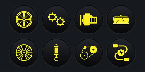 알로이 휠 자동차 미러 쇼크 업소버 타이밍 벨트 키트 엔진 기어 배터리 점퍼 전원 케이블 및 아이콘을 확인하십시오 벡터