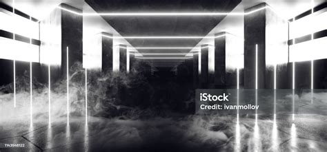 연기 증기 안개 반사 빛나는 외계인 우주선 공상 과학 소설 미래 방 회관 복도 홀 윈도우 라이트 화이트 빛나는 네온 형광 추상