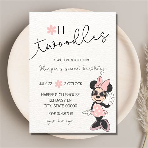 Editable Mouse Birthday Invitation Girls 2nd Birthday Invitation Modern