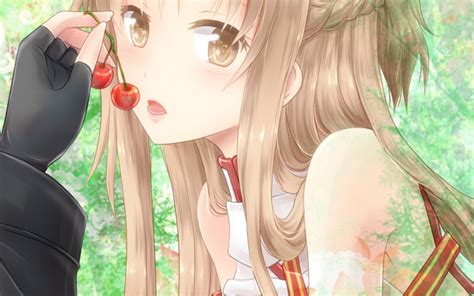 Аниме девушка Yuuki Asuna кушает вишни обои для рабочего стола картинки фото