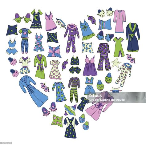 재미있는 잠옷과 잠옷 베개 및 화실이 심장 구성으로 배열되어 있습니다 낙서 스타일로 손으로 그린 요소의 벡터 일러스트레이션과