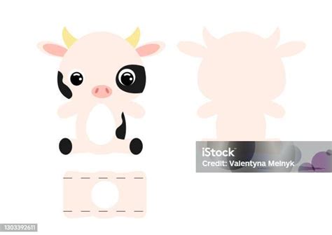 Diy 귀여운 암소 초콜릿 계란 홀더 템플릿 부활절 달걀소매 종이 상자 인쇄 가능한 색상 구성표입니다 레이저 절단 벡터 템플릿 격리 된 포장 디자인 그림 Diy에 대한 스톡