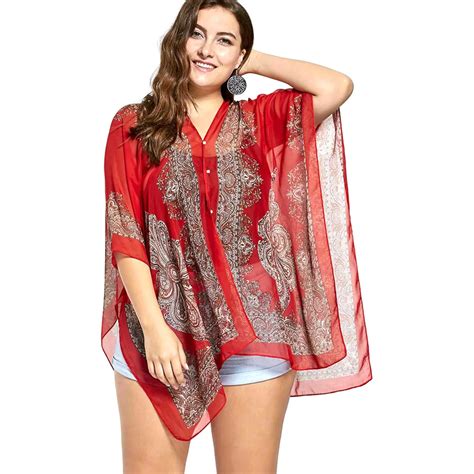 Wipalo Plus Size Printed Beaded Plus Size Chiffon Poncho Top Fashion Casual Women Summer Style