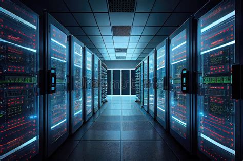 Server Room With Rows Of Powerful Computers And Data Centers Processing And Storing