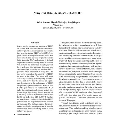 Noisy Text Data Achilles Heel Of Bert Acl Anthology